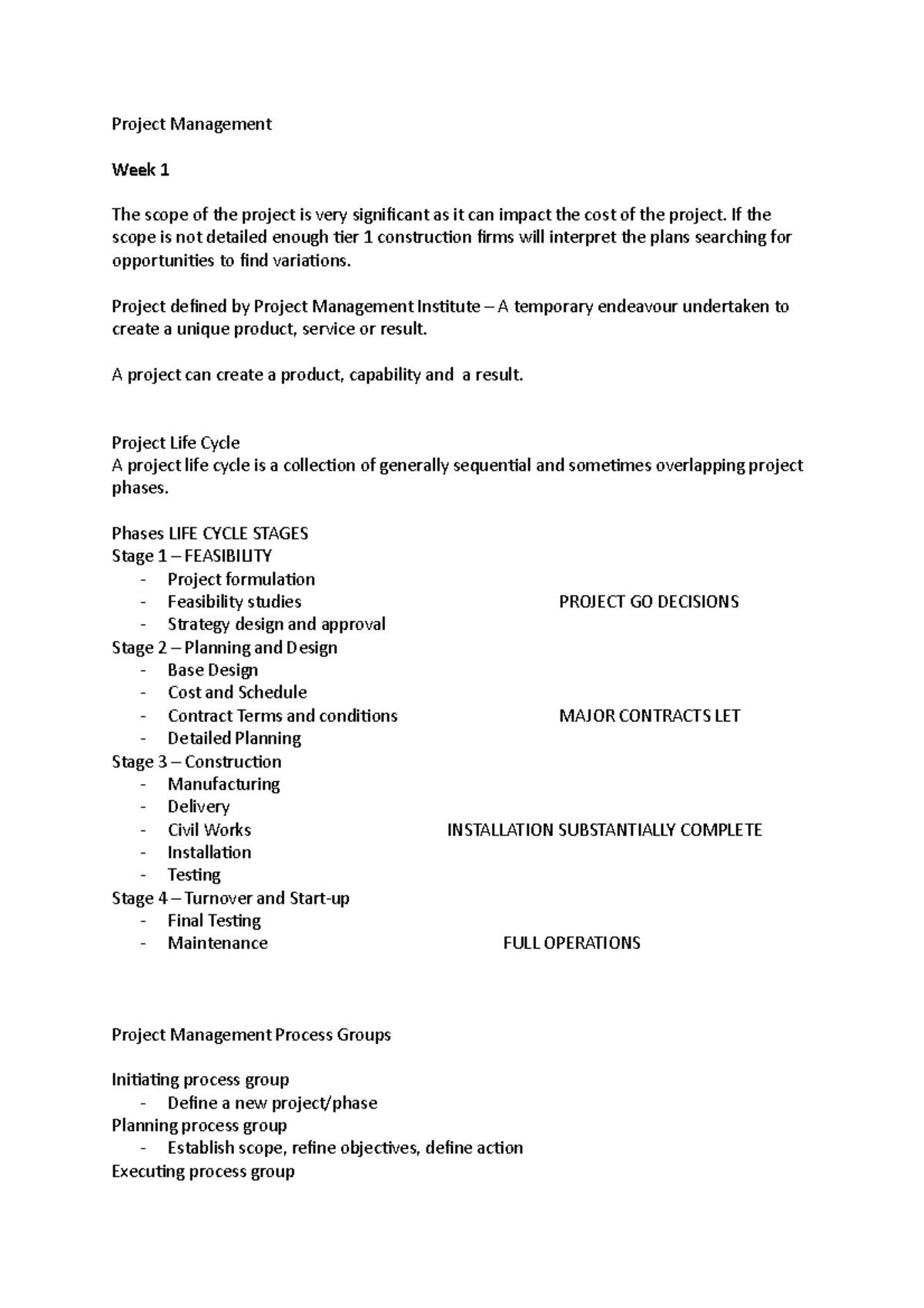 Project Management Notes - Project Management Week 1 The scope of the ...