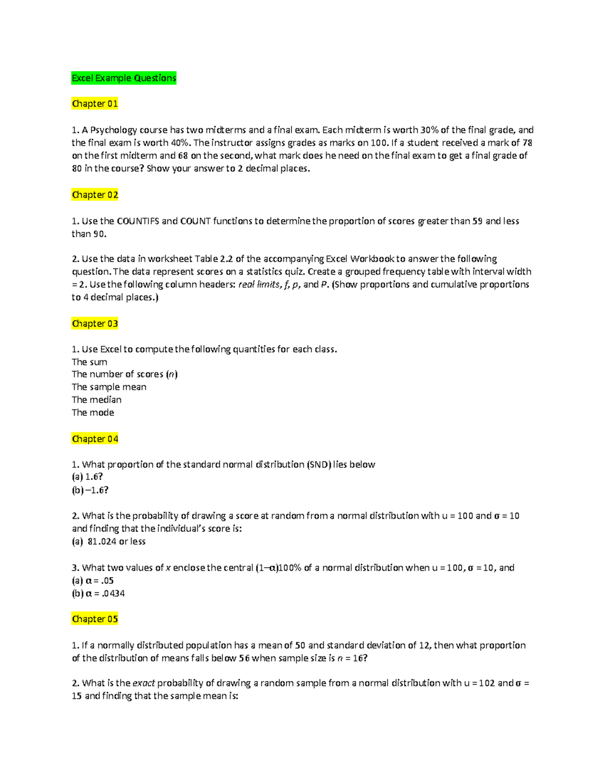Excel Example Questions Excel Example Questions Chapter 01 A Psychology Course Has Two
