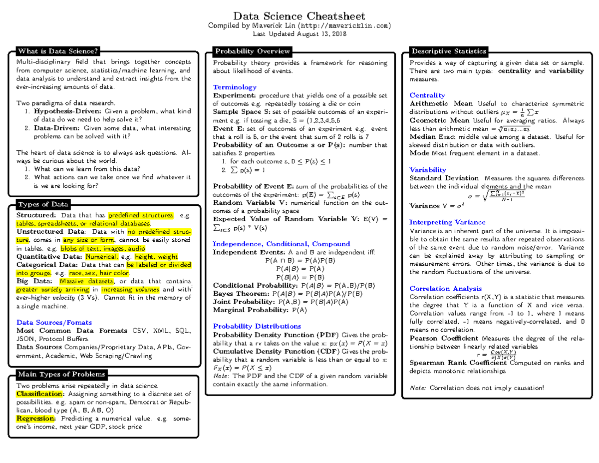 Data Science Cheatsheet - Data Science Cheatsheet Compiled by Maverick Lin (mavericklin) Last ...