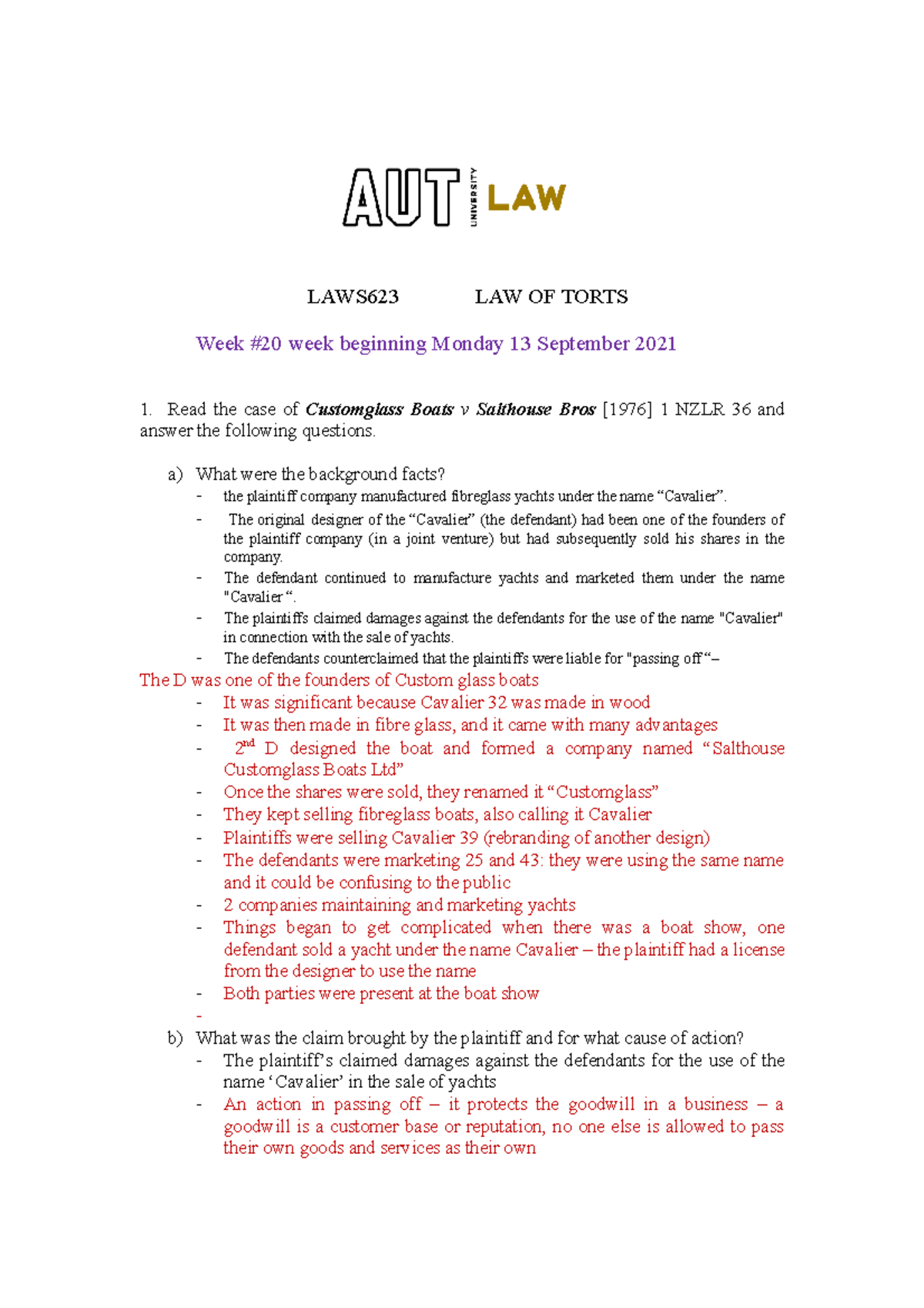 Tort workshop wk 8 - Passing off tutorial work - LAWS623 LAW OF TORTS ...