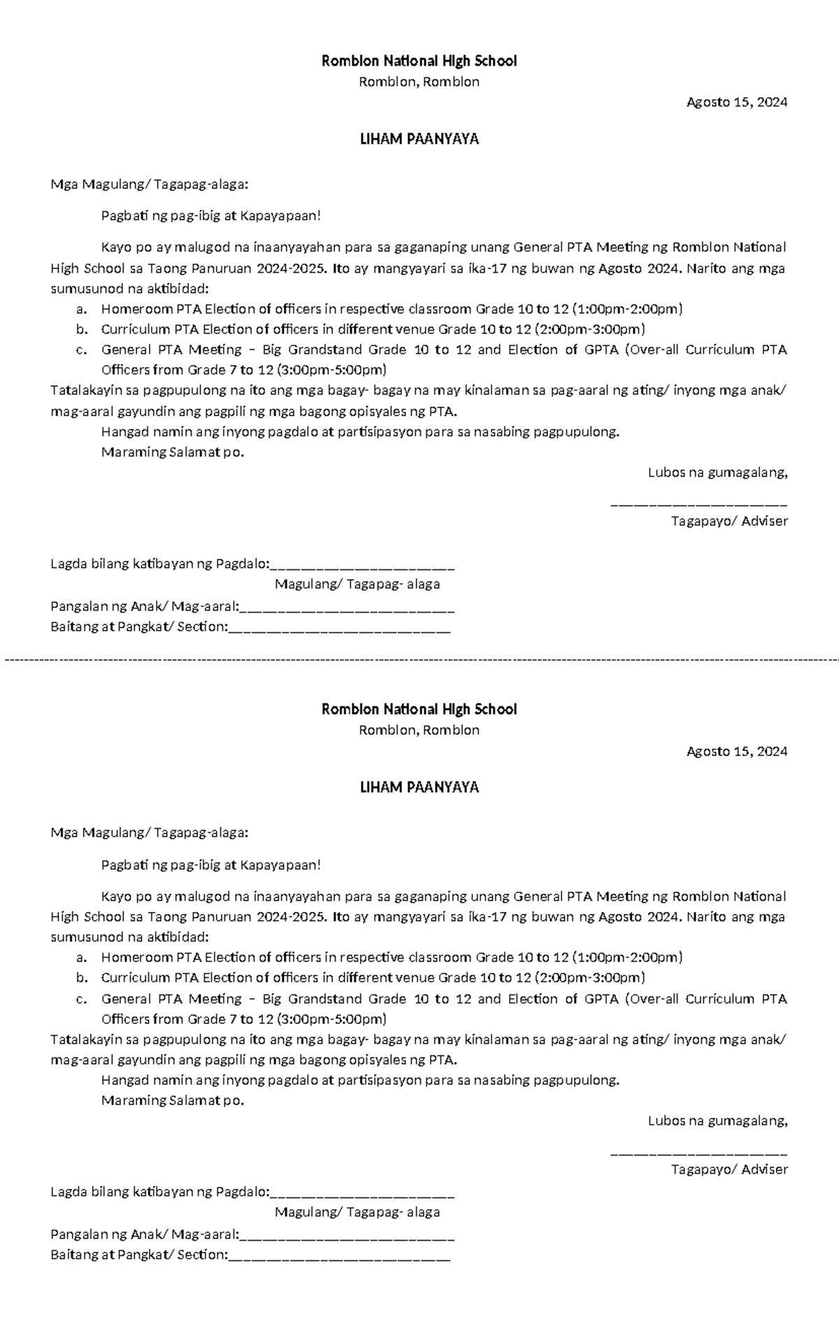 PTA Meeting Letter G10 12 - Romblon National High School Romblon ...