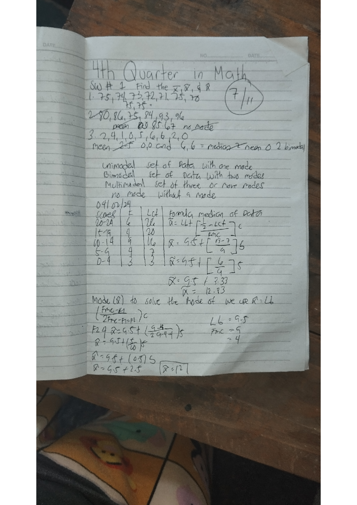 Image to pdf 02-May-2024 - NO 4th Quarter in Math SW 1 Find the XIX, 2 1. 7 75 74 73 72,71 75 ...