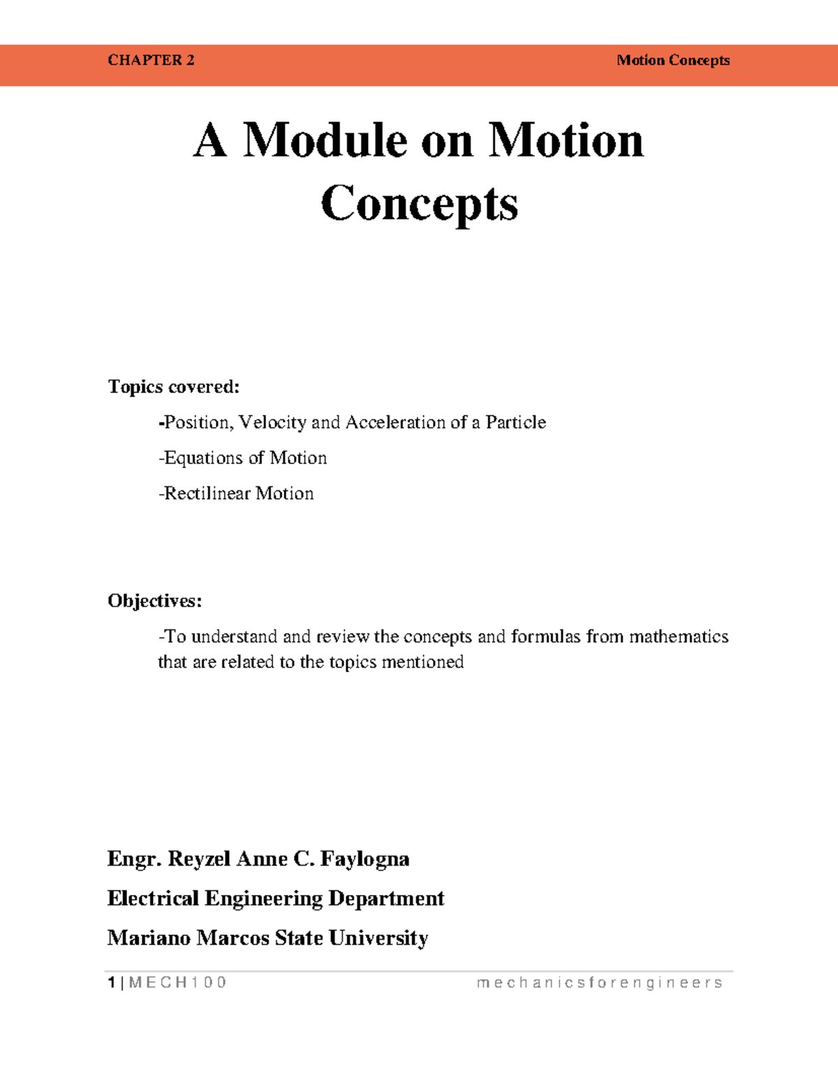 MECH100 Final Module 2 - Lecture notes 1-2 - A Module on Motion ...