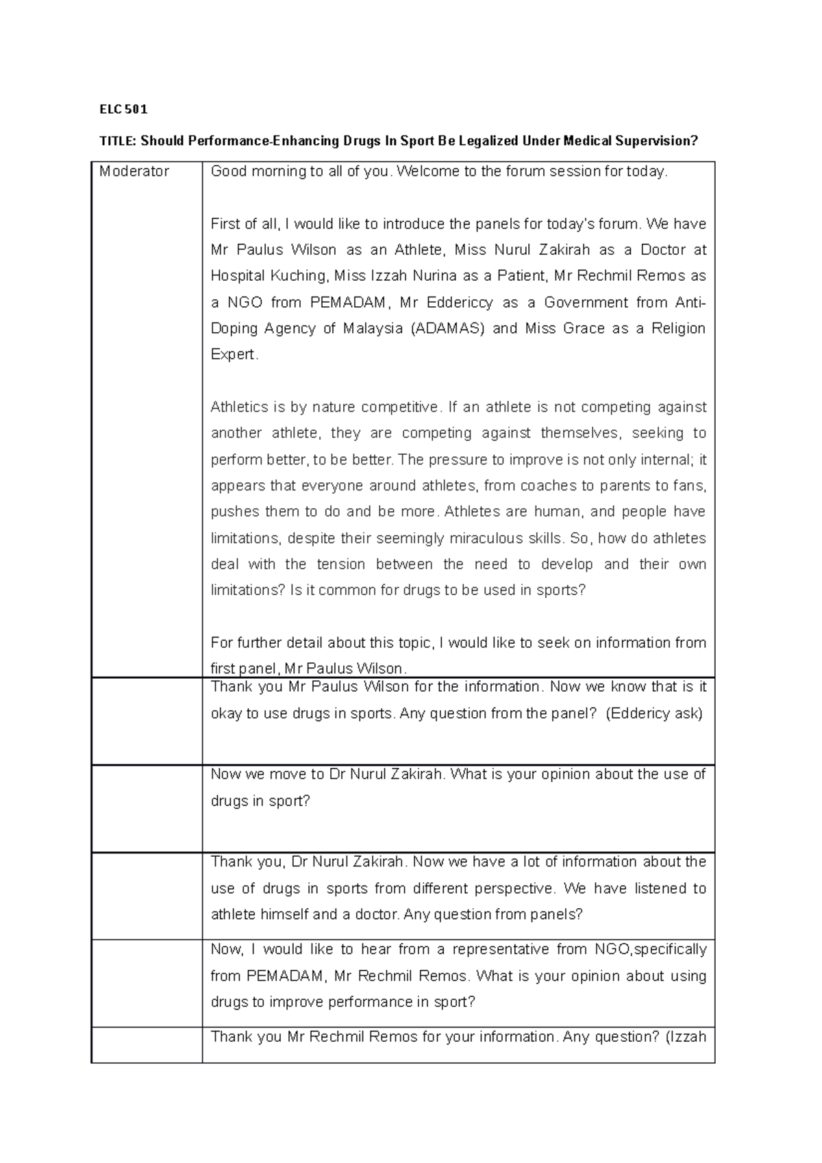 Group 2 Moderator Script (latest) - ELC 501 TITLE: Should Performance ...