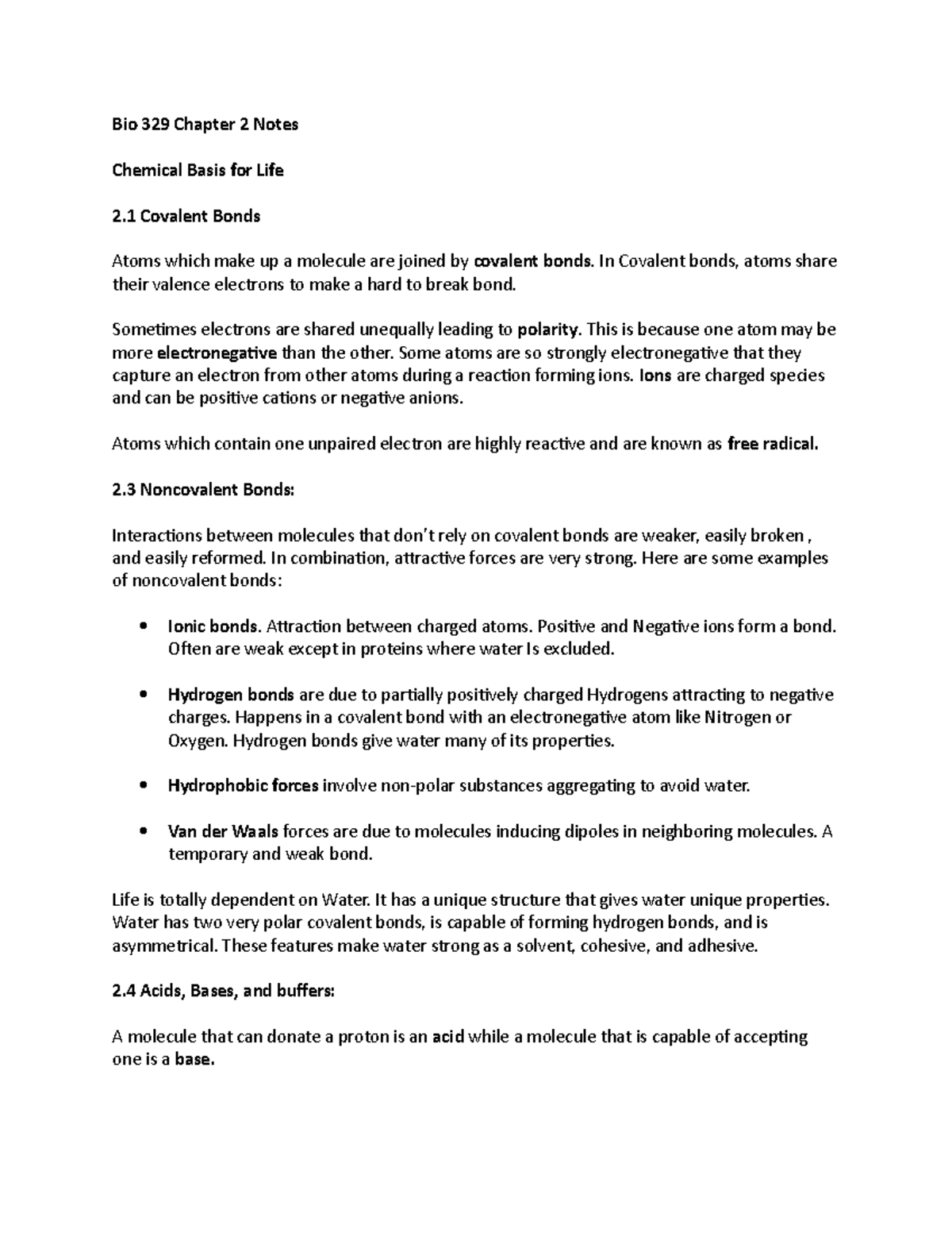 Biol 329 Chapter 2 Notes - Bio 329 Chapter 2 Notes Chemical Basis for ...