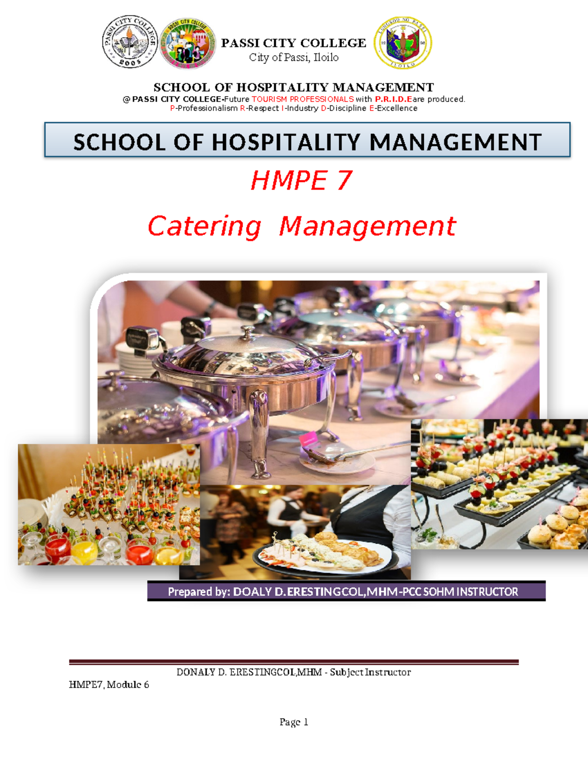 Catering management module 6 - City of Passi, Iloilo SCHOOL OF HOSPITALITY MANAGEMENT @ PASSI ...