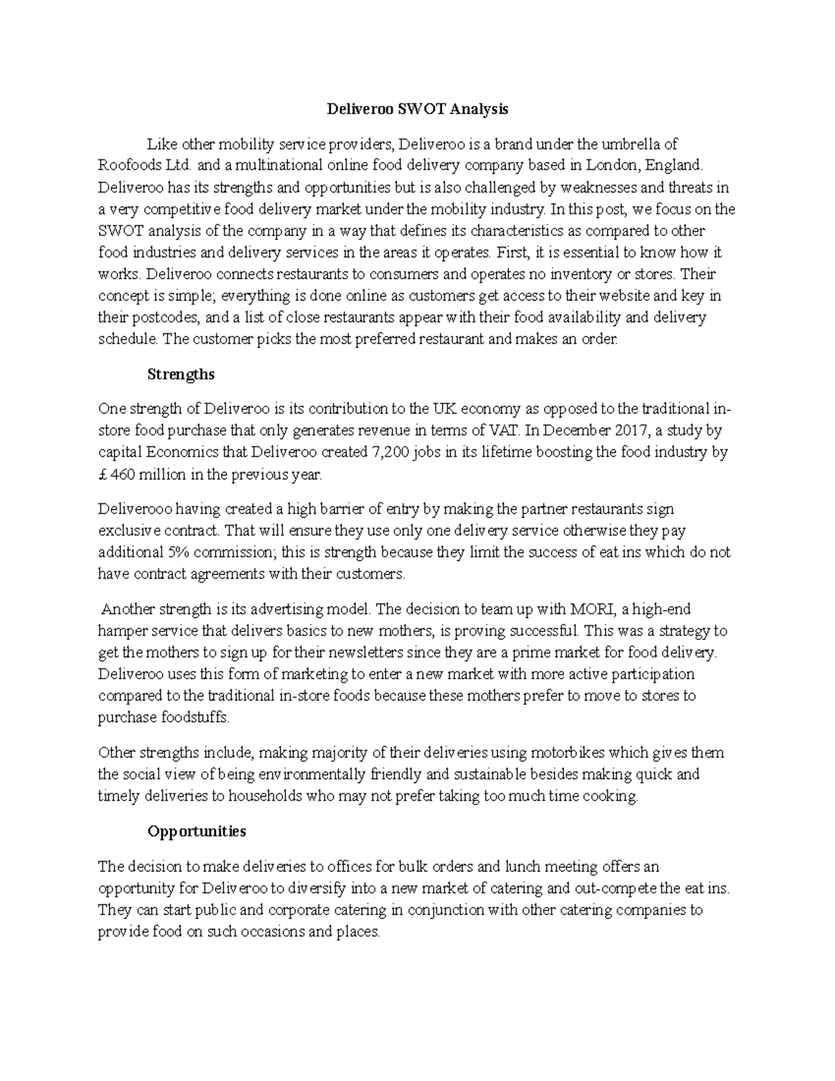 Deliveroo SWOT Analysis - and a multinational online food delivery ...
