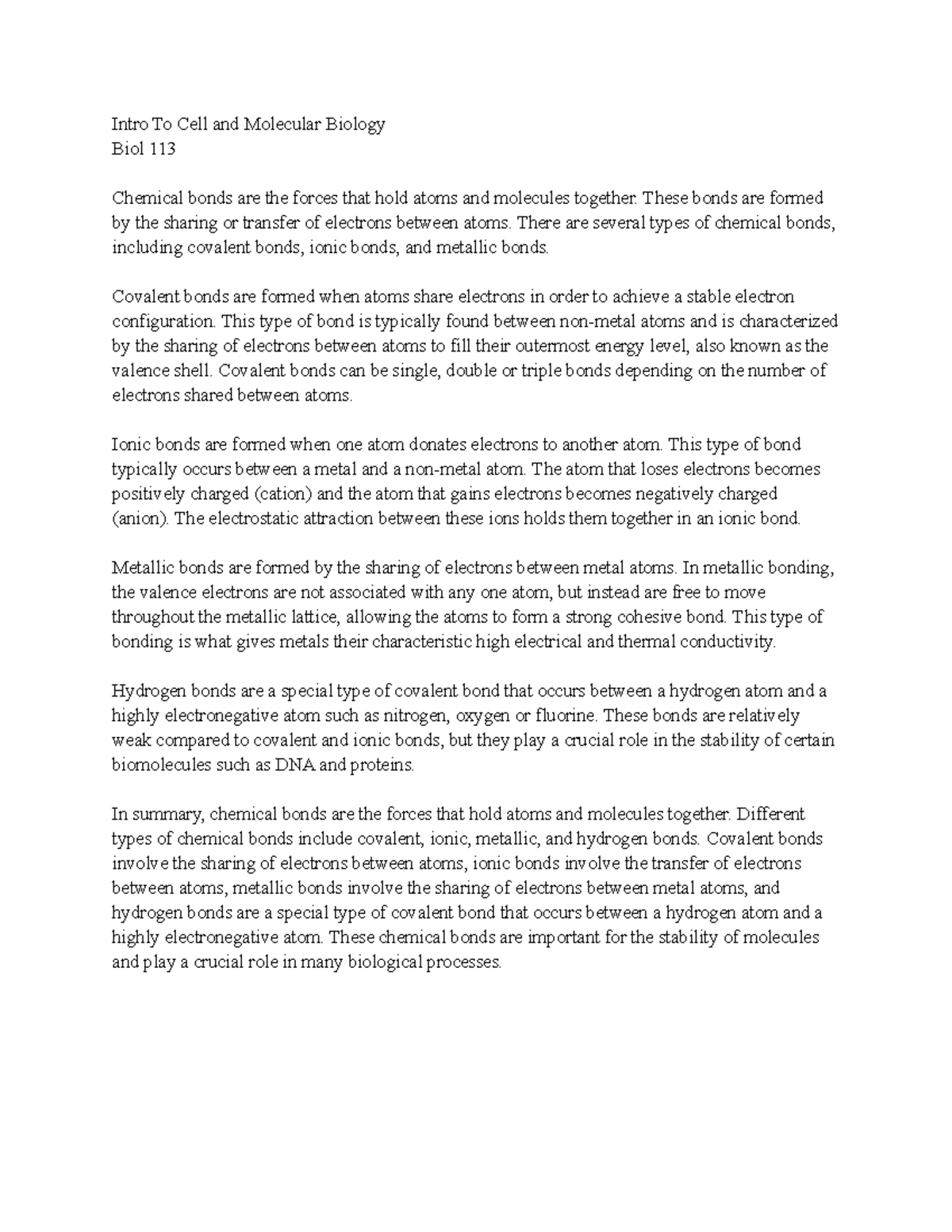 Chemical bonds notes - Intro To Cell and Molecular Biology Biol 113 ...