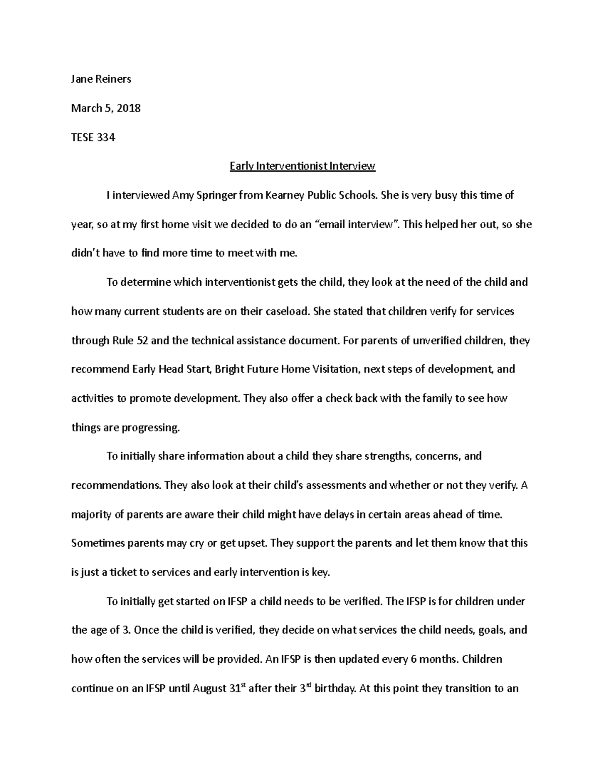 Interview Report over Early Childhood Interventionist - Jane Reiners ...