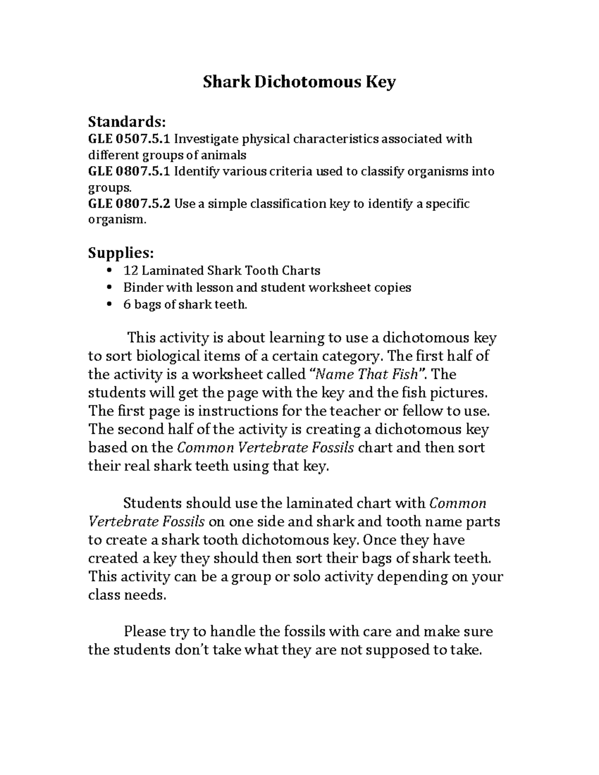 Shark Dichotomous Key - Shark Dichotomous Key Standards: GLE 0507.5 ...