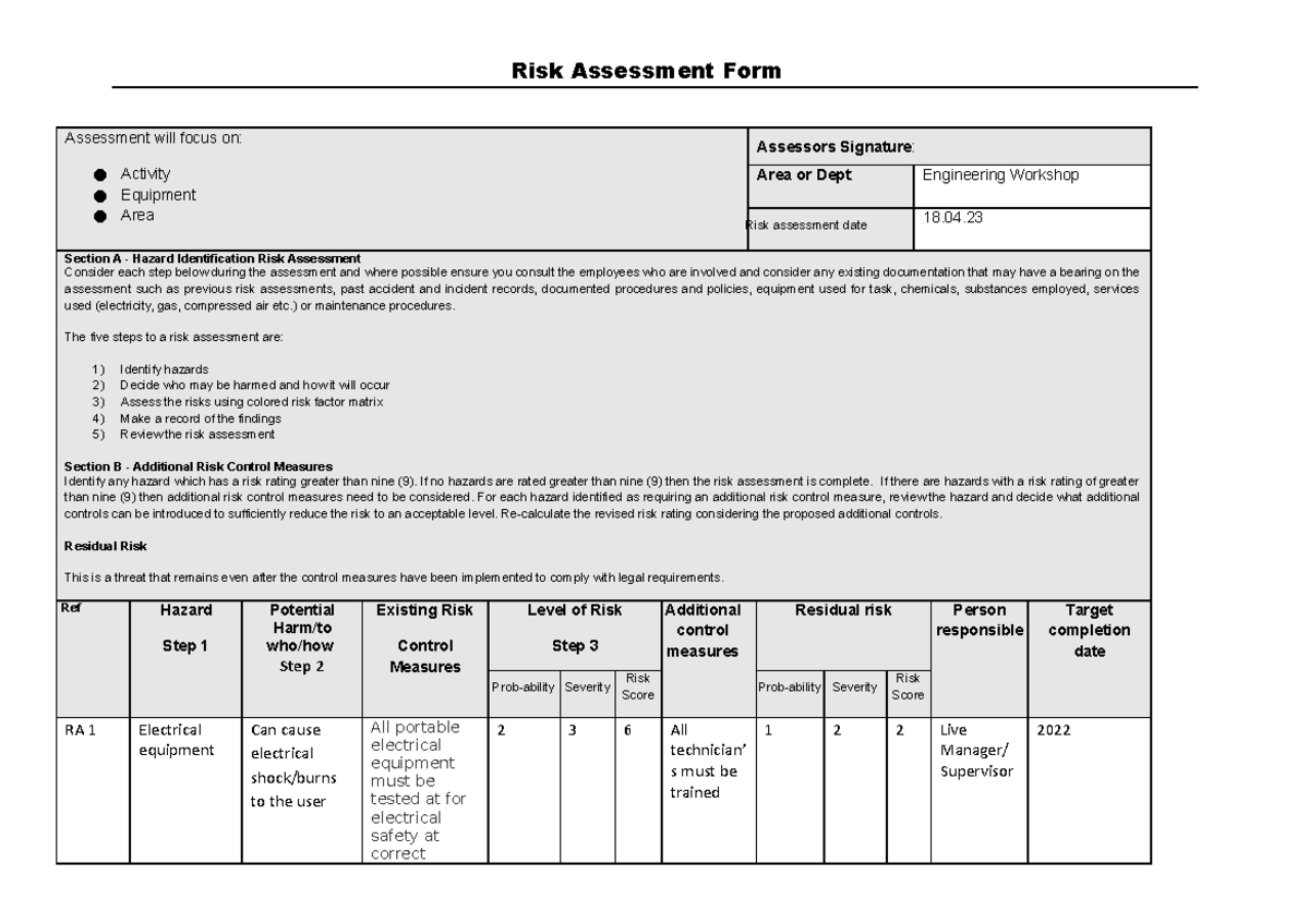 Risk Assessment form - jhfufhffh - Risk Assessment Form Assessment will ...