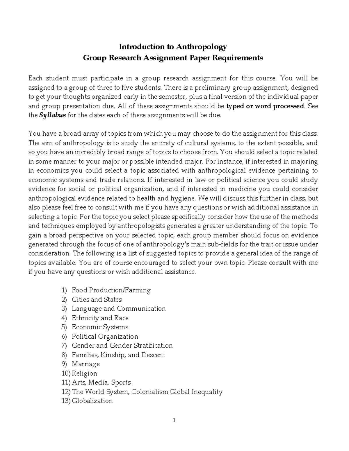 Introduction to Anthropology Paper Requirements - Warning: TT ...