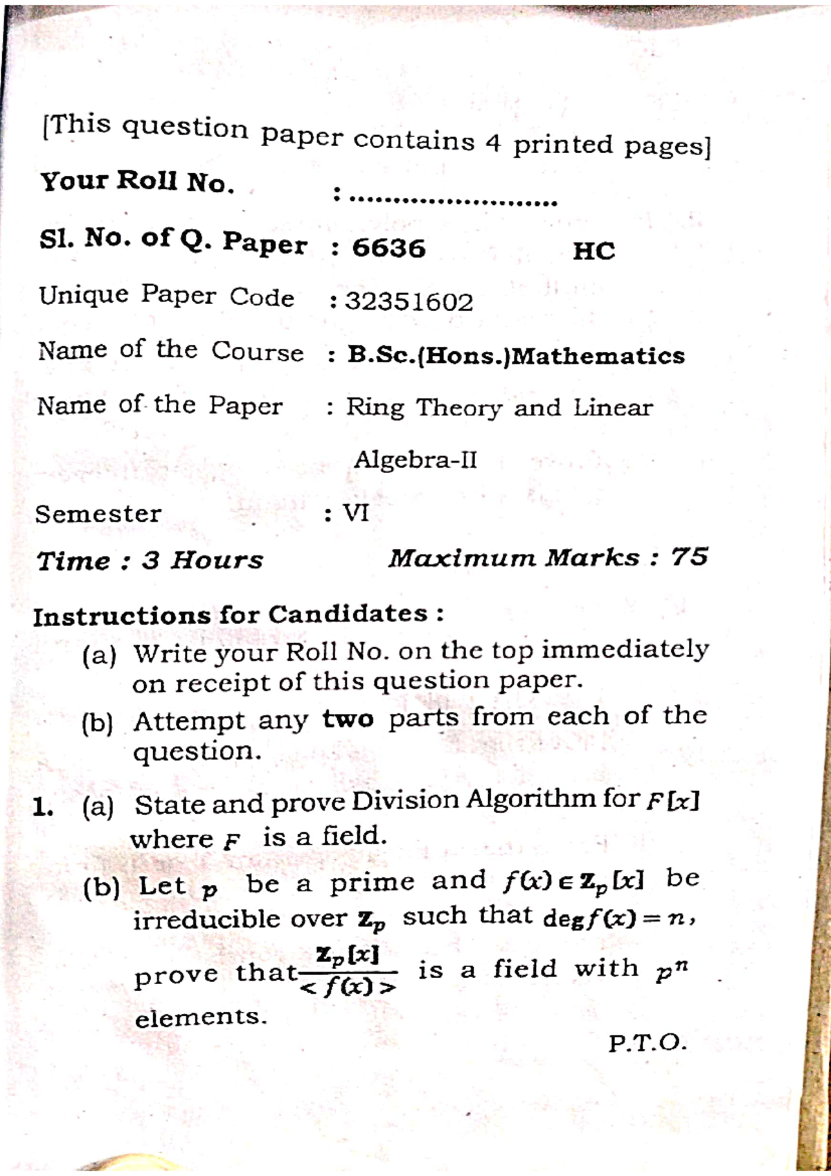 Ring theory and linear algebra PYQ - 563 - Studocu