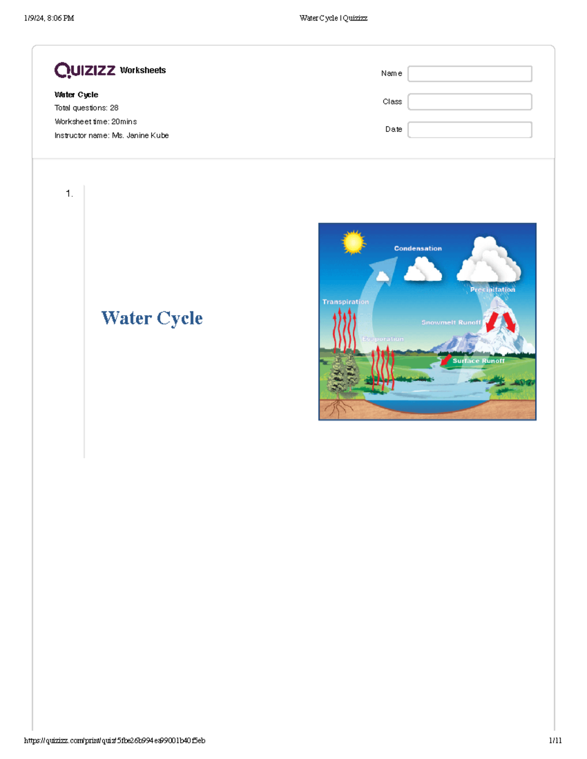 Water Cycle Quizizz - Worksheets Water Cycle Total questions: 28 ...