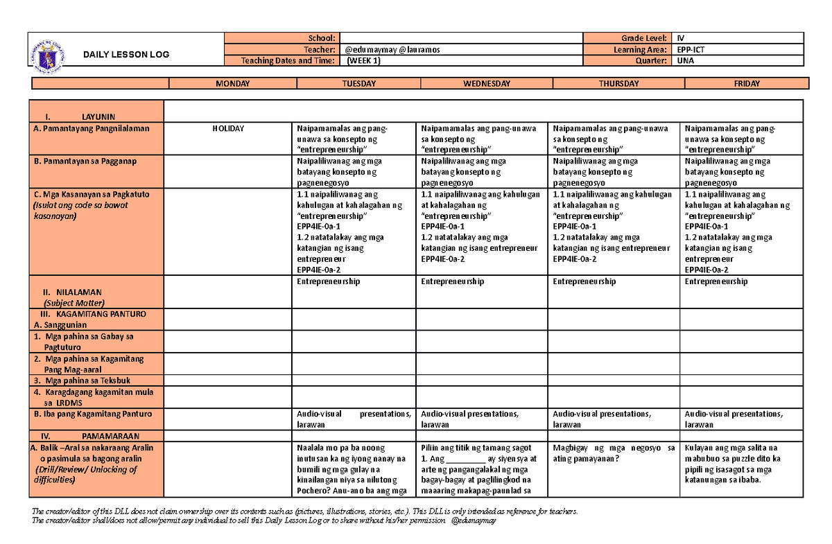 DLL EPP4 ICT W1 newedumaymay - DAILY LESSON LOG School: Grade Level: IV ...