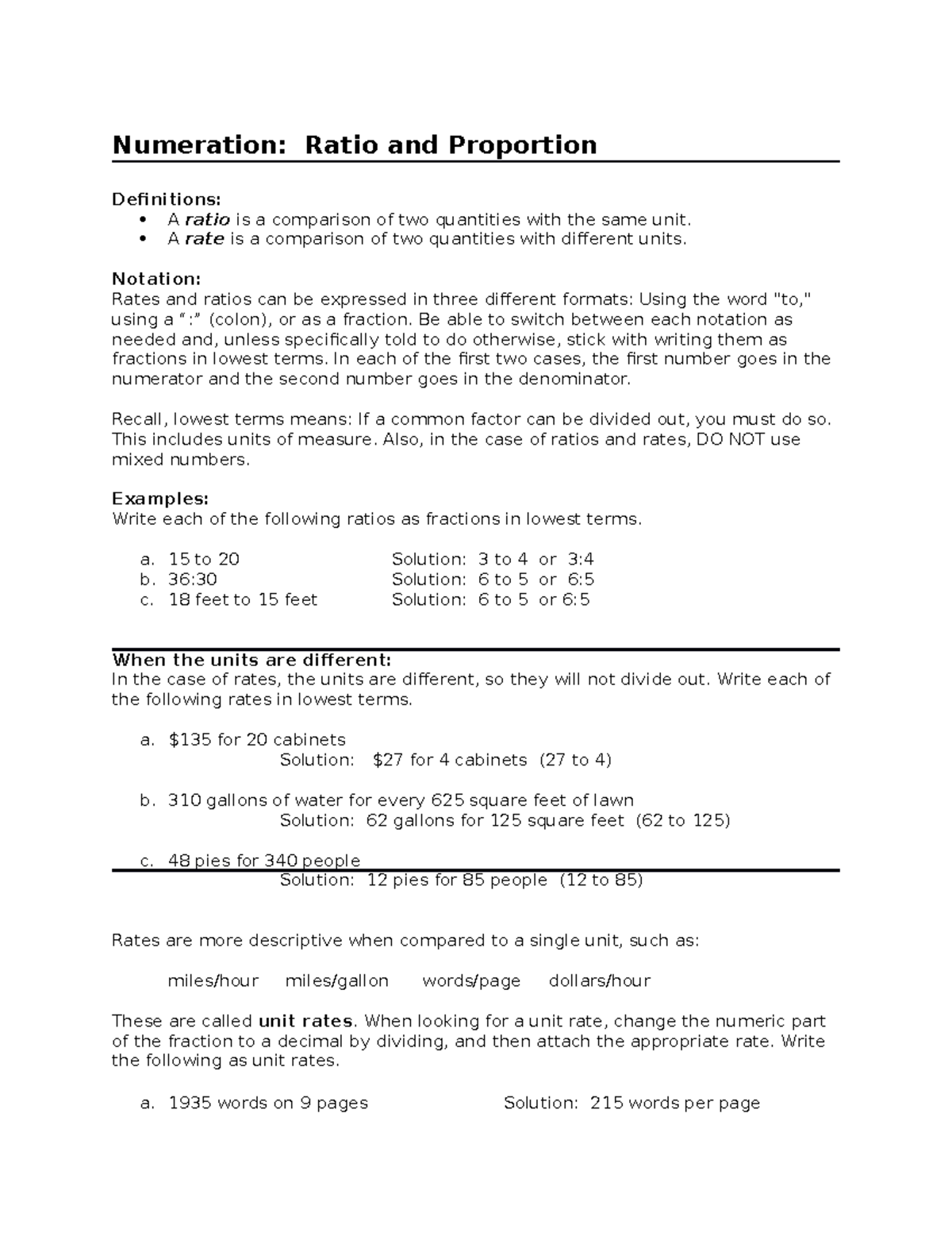 Ratios - notes for exam 1 for math 123 in professor yates course ...
