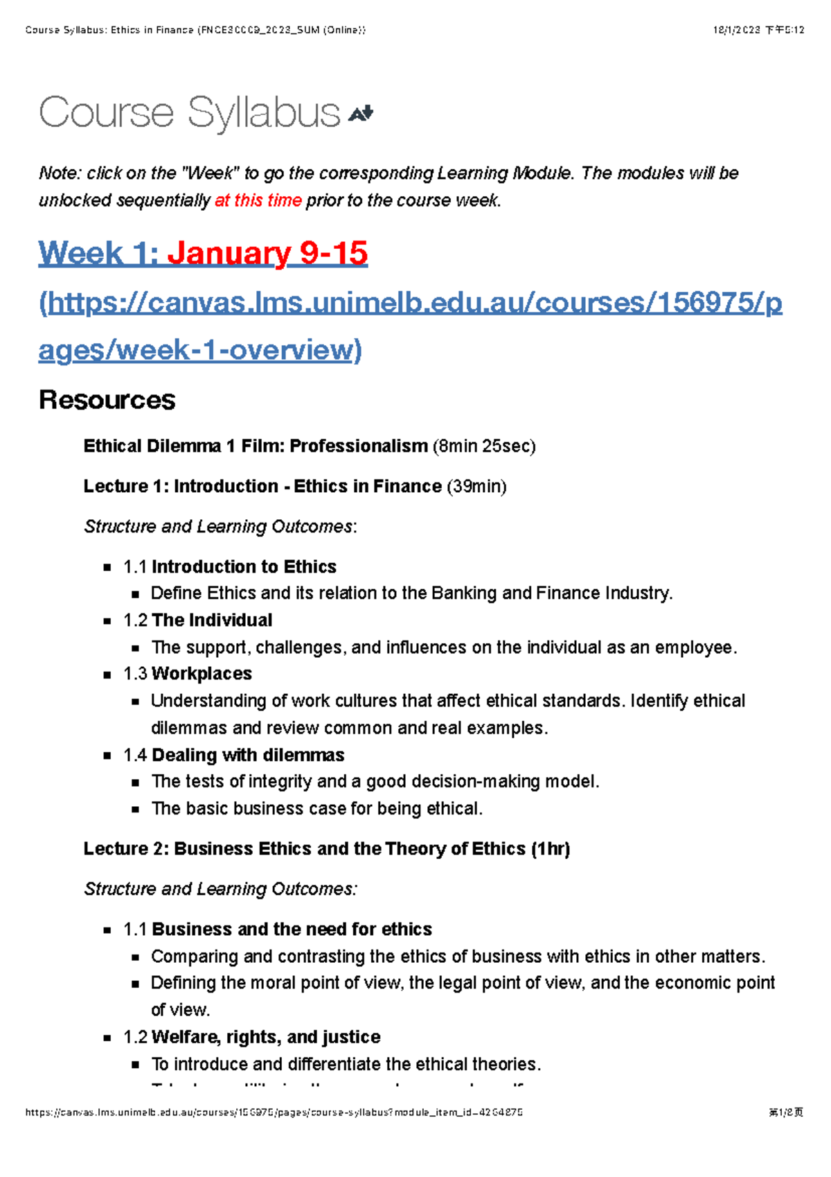 Course Syllabus: Ethics in Finance (FNCE30009 2023 SUM (Online ...