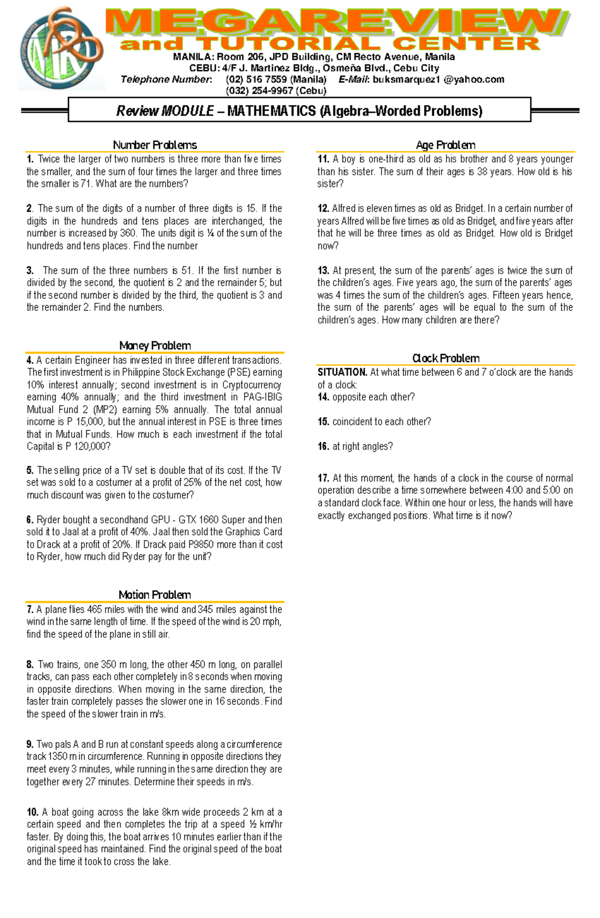 Review Module 2 Algebra 2 Part 1 - MANILA: Room 206, JPD Building, CM ...
