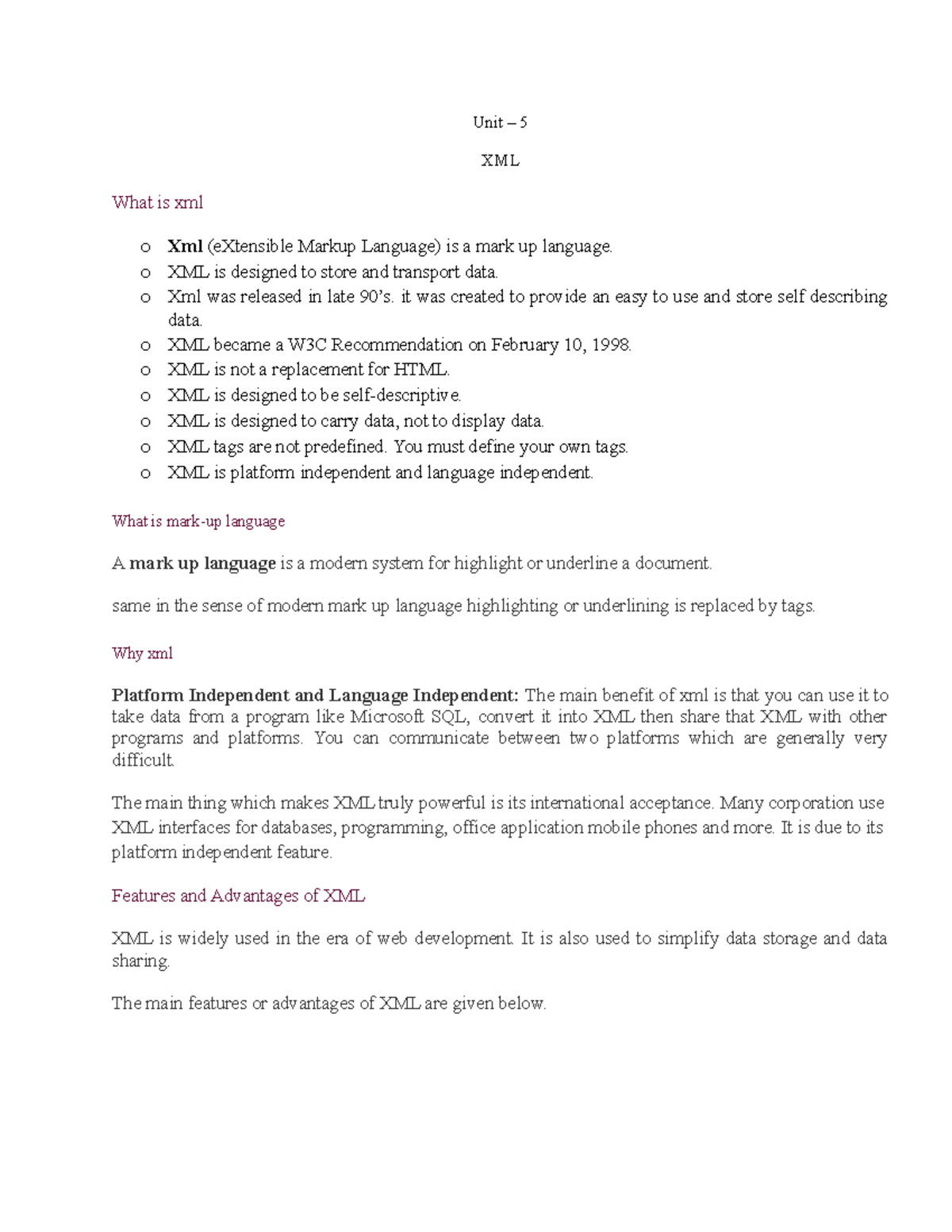 WEB PROGRAMMING UNIT 5 - Unit – 5 XML What is xml o Xml (eXtensible ...