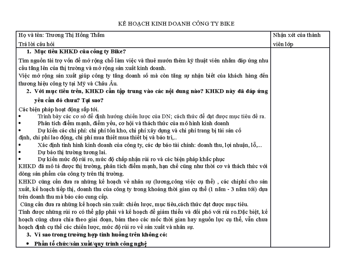 Thực hành CLKD cty Bike - Bài tập thực hành CLKD - KẾ HOẠCH KINH DOANH ...