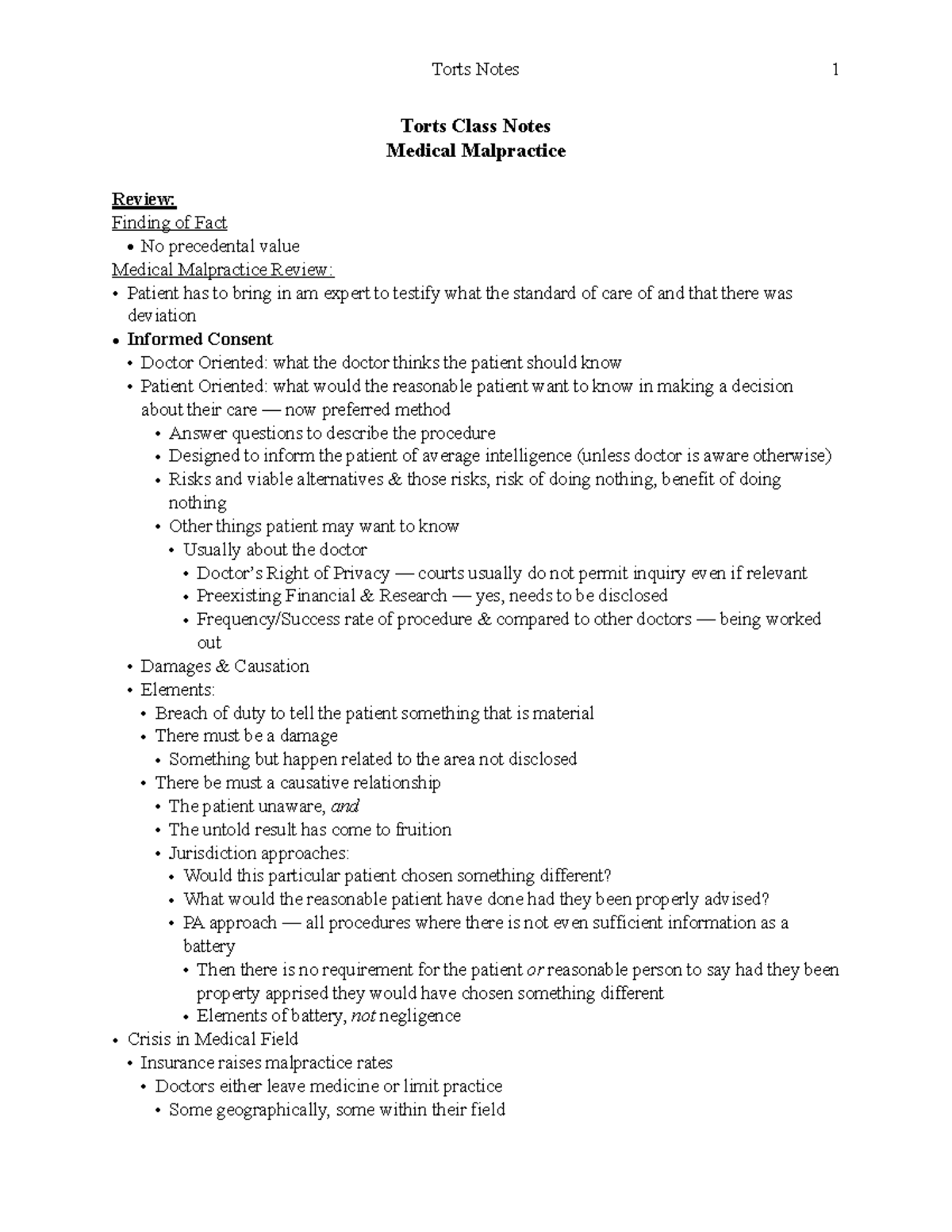 Medical Malpratice - Torts Class Notes Medical Malpractice Review ...