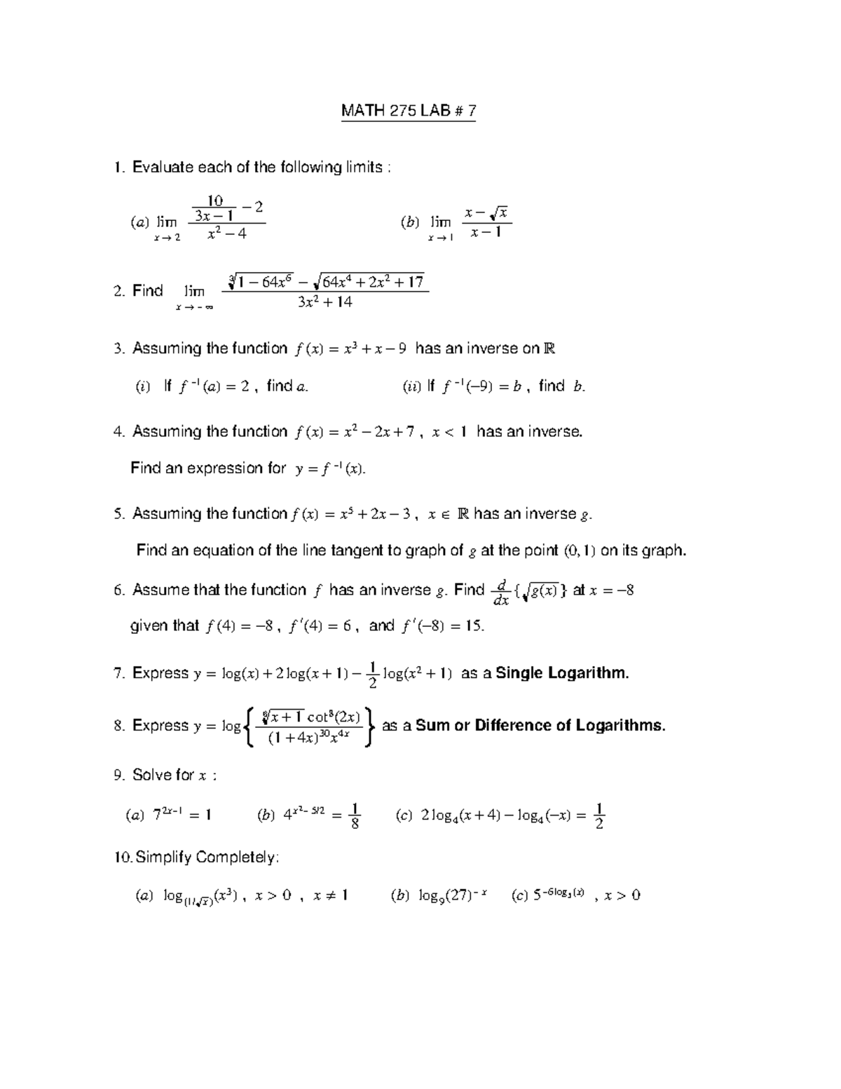 MATH275 Lab 7 - Solutions attached - MATH 275 LAB 7 1. Evaluate each of ...