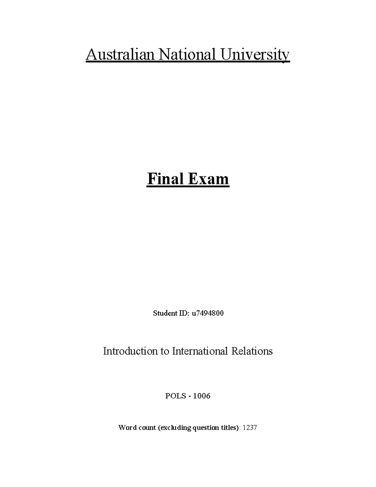 POLS1006 Final Exam - Australian National University Final Exam Student ...