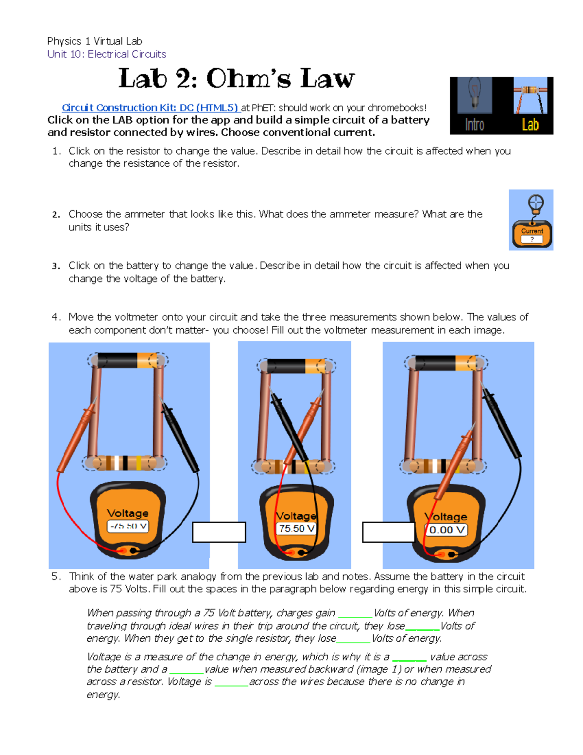 Copy of Ohm's Law - Test preperations - Physics 1 Virtual Lab Unit 10 ...