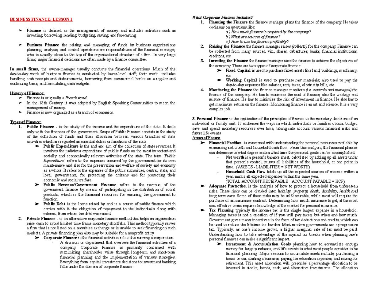 BFN L1 - N/A - BUSINESS FINANCE: LESSON 1 Finance is defined as the ...