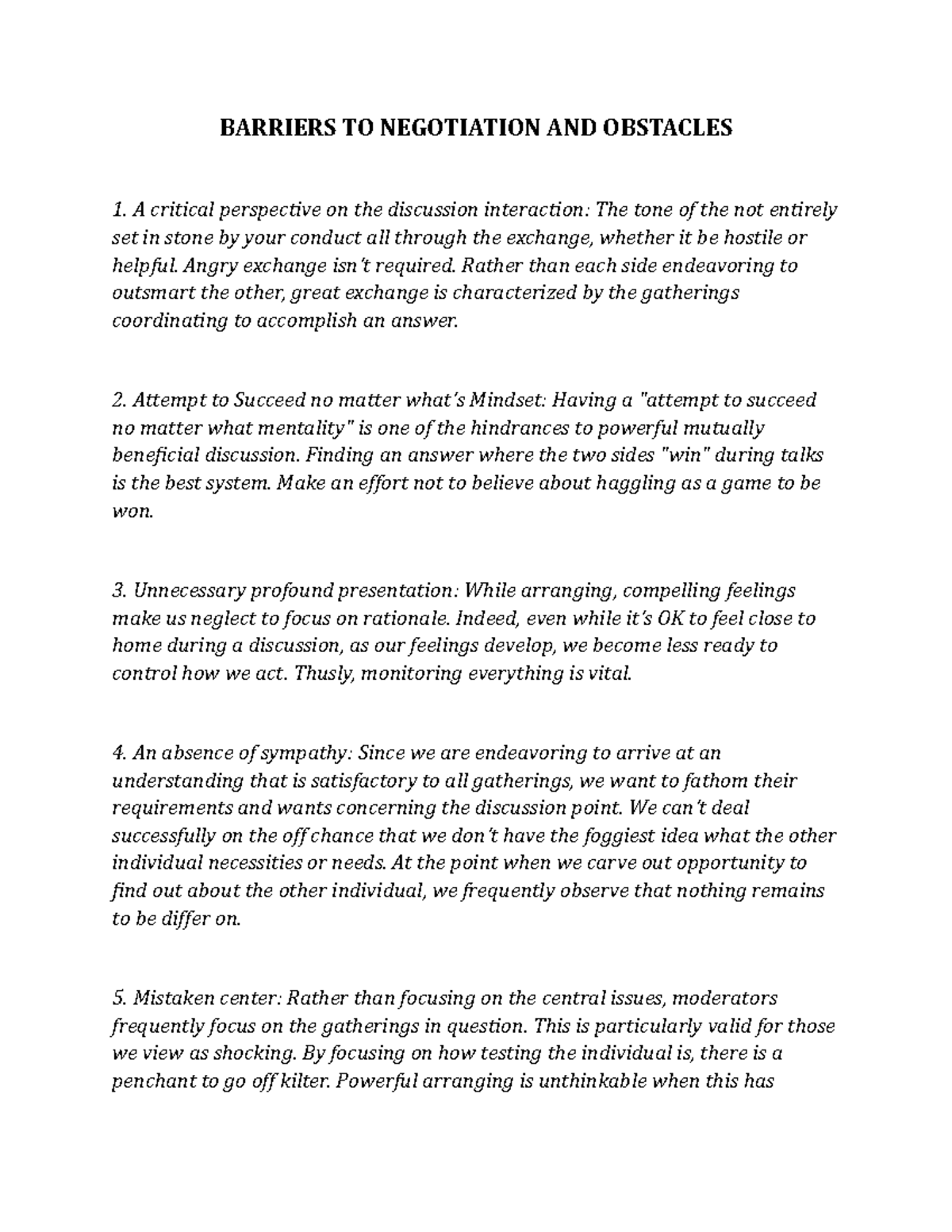 Barriers TO Negotiation AND Obstacles - BARRIERS TO NEGOTIATION AND ...