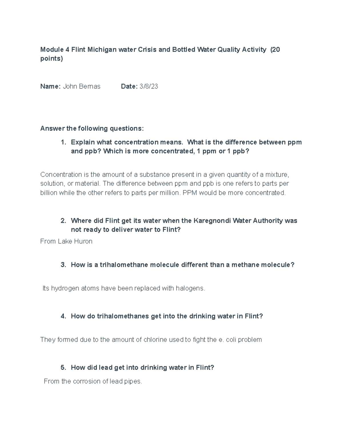 Module 4 Flint Michigan water Crisis and Bottled Water Quality Activity ...