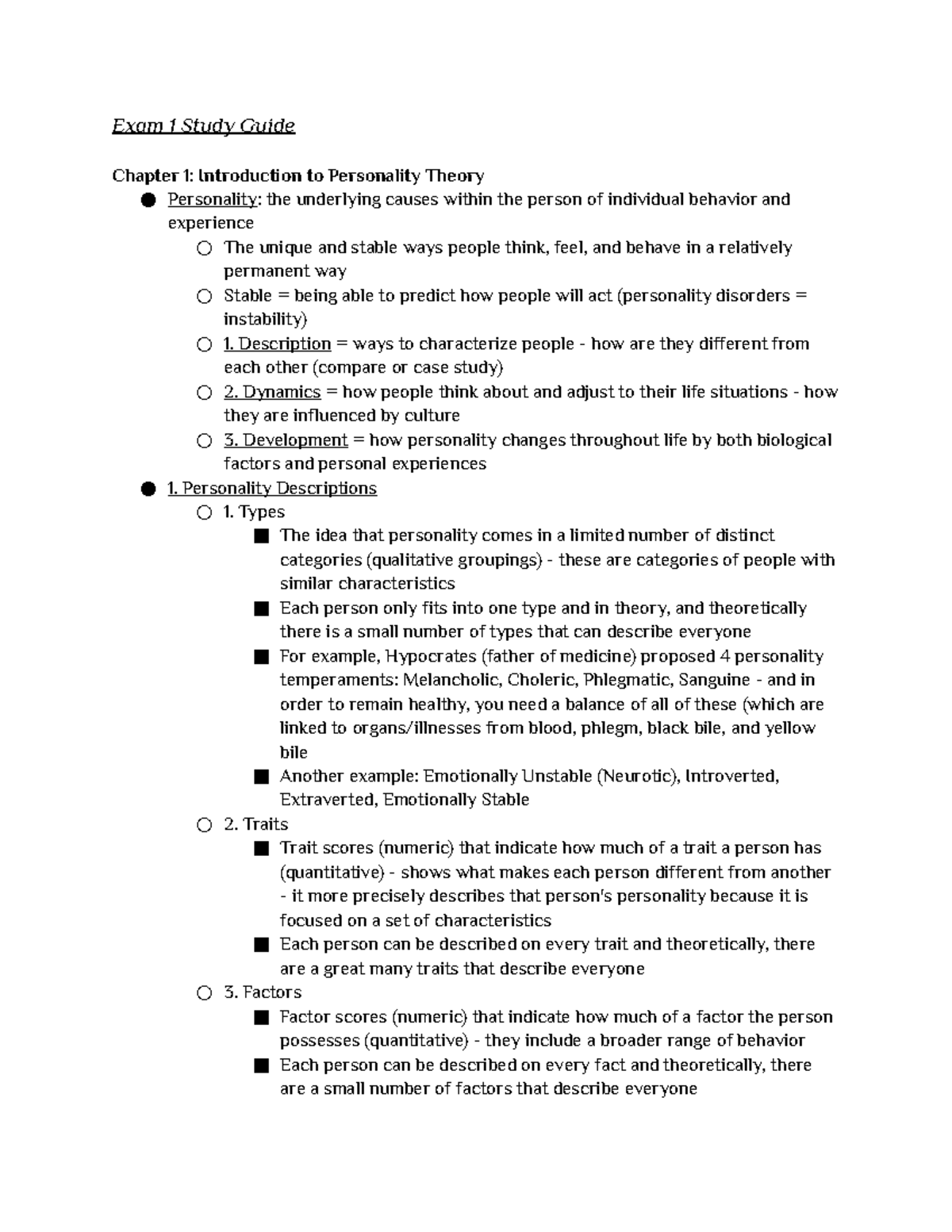 Exam 1 Study Guide - Theories of Personality Understanding Persons (6th ...