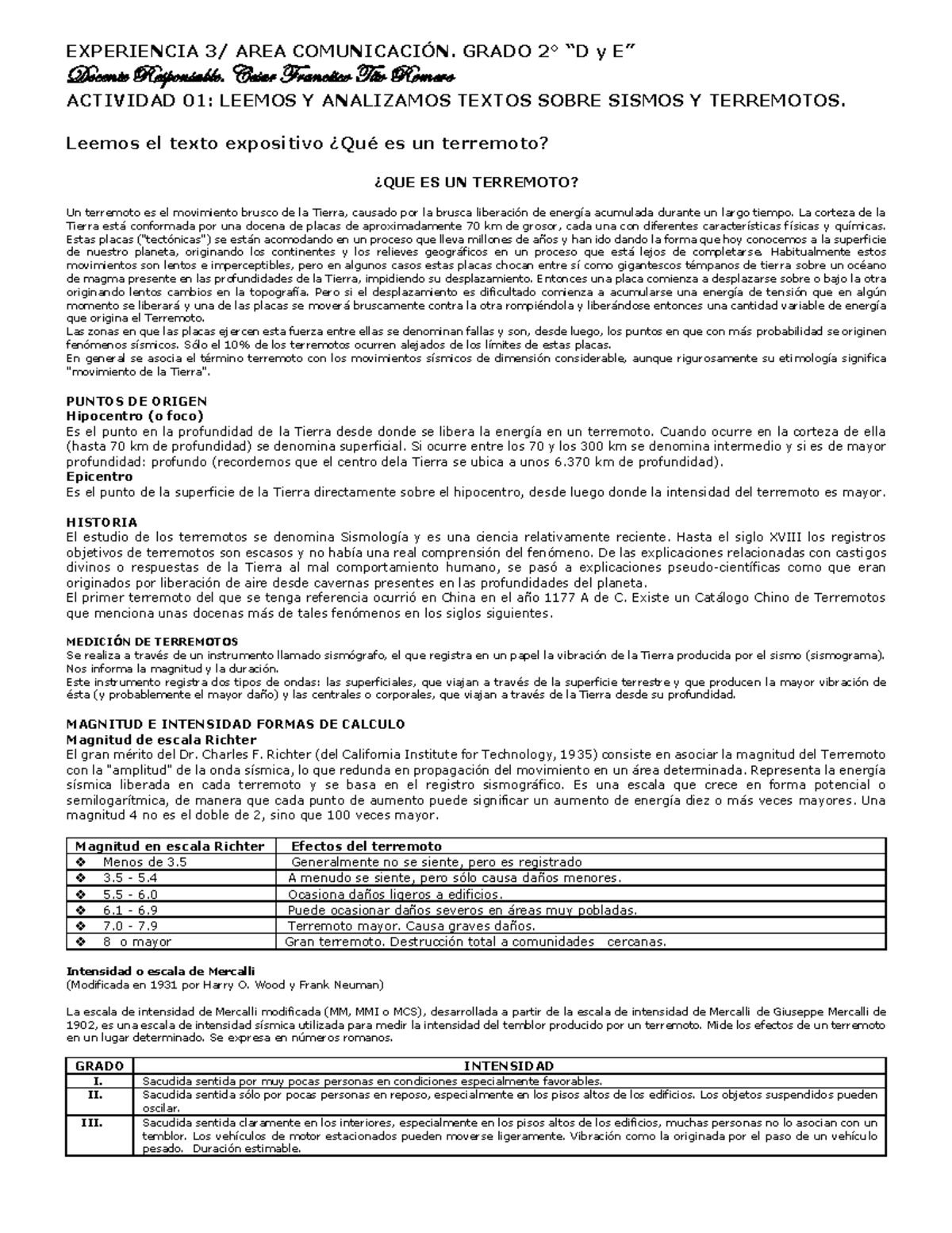 Leemos Y Analizamos Textos Sobre Sismos Y Terremotos - EXPERIENCIA 3 ...