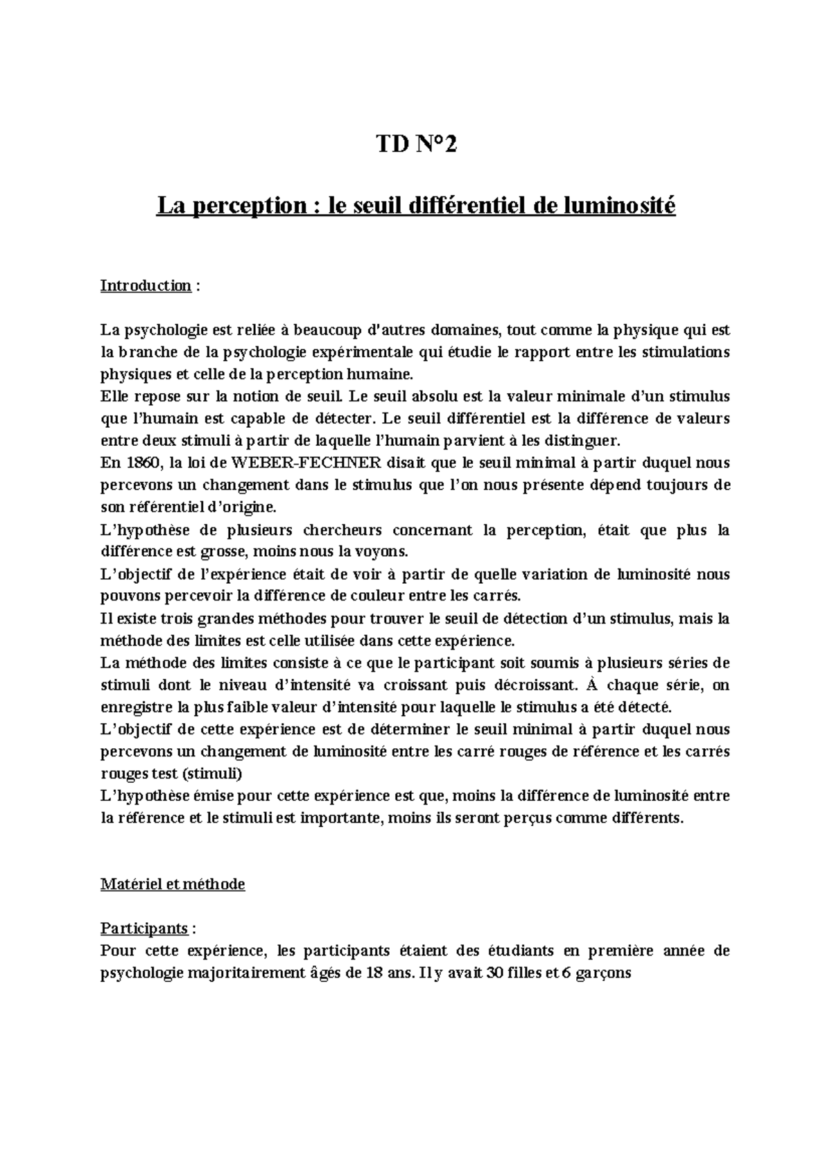 TD N°2 La perception - TD N° La perception : le seuil différentiel de luminosité Introduction ...
