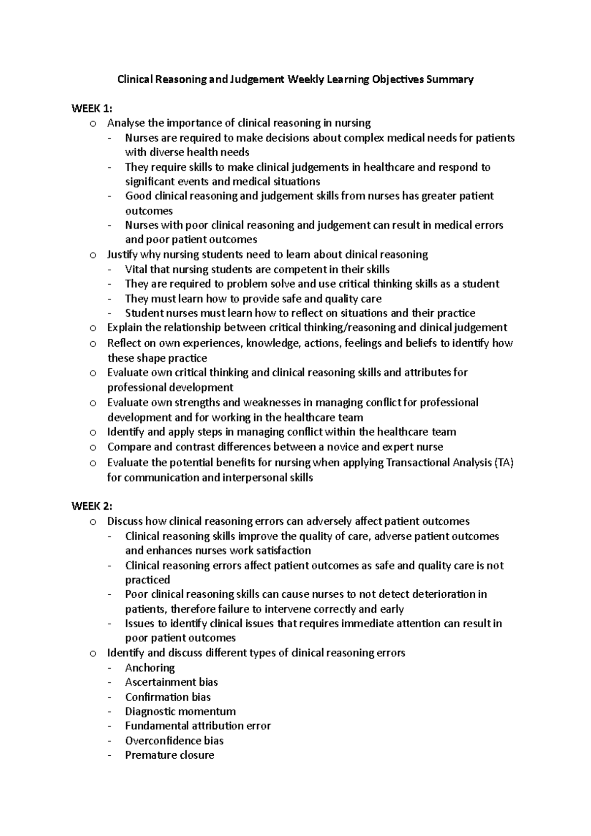Summary of week 1-7 clinical objectives - Clinical Reasoning and ...