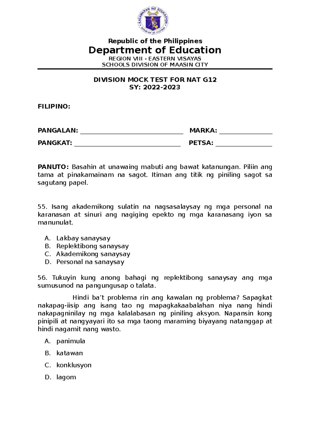 Filipino-NAT-TEST - Republic of the Philippines Department of Education ...