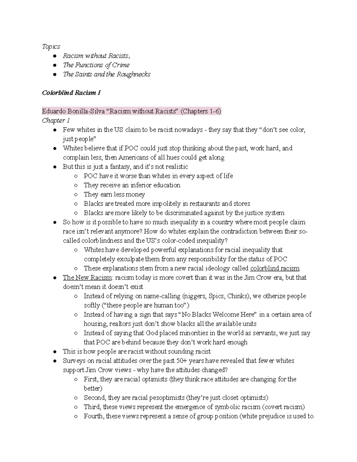 Exam 3 - David Embrick, Instructor Notes on: Racism without Racists ...