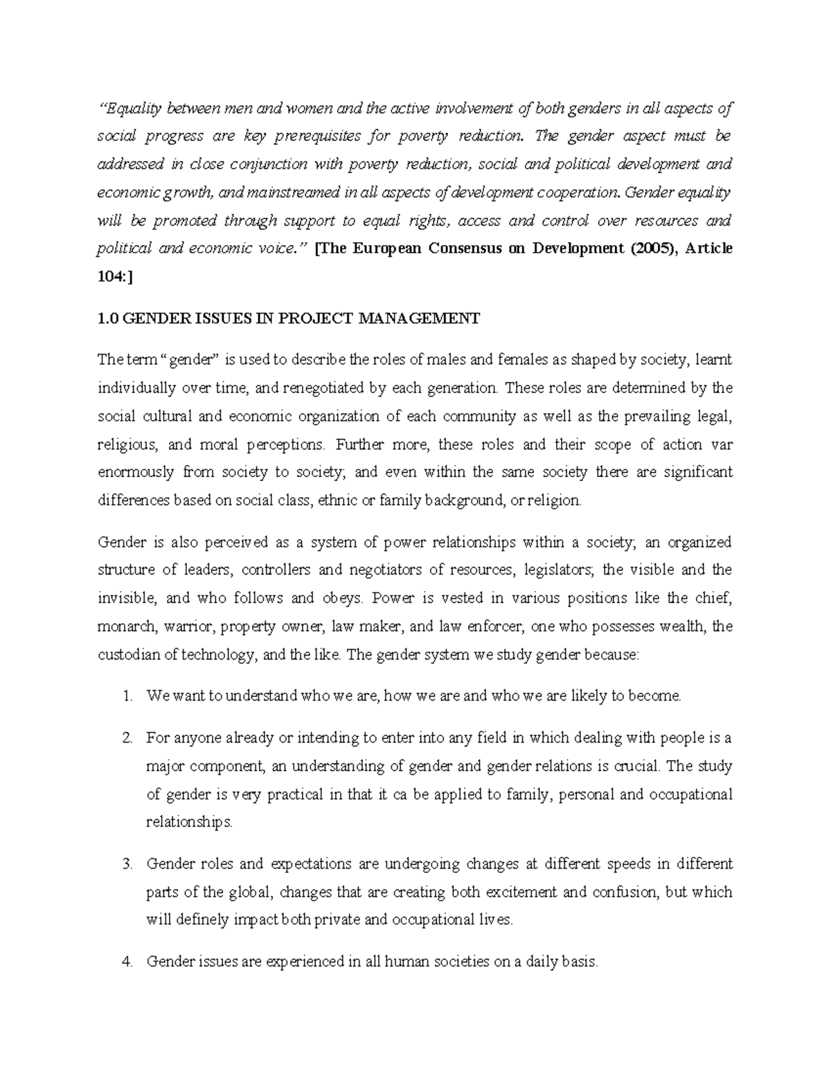 Gender Notes Part I - “Equality between men and women and the active ...