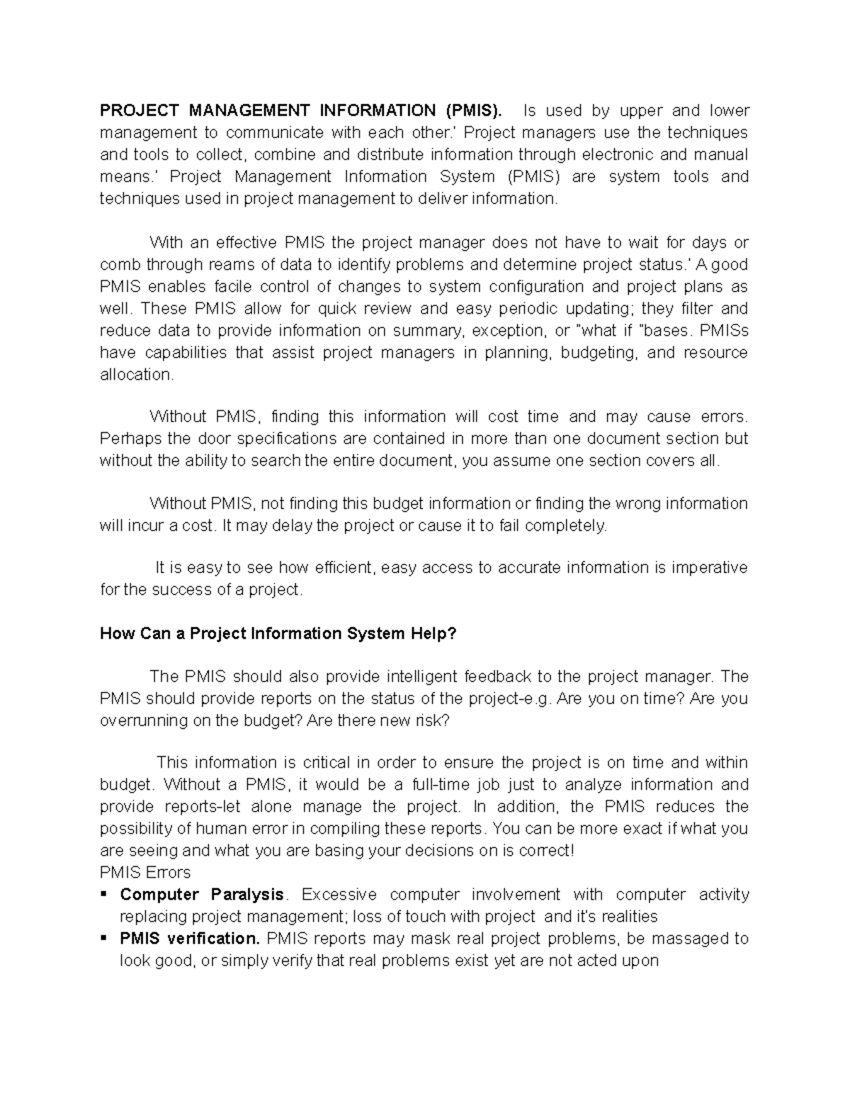 Project Management Information - PROJECT MANAGEMENT INFORMATION (PMIS ...