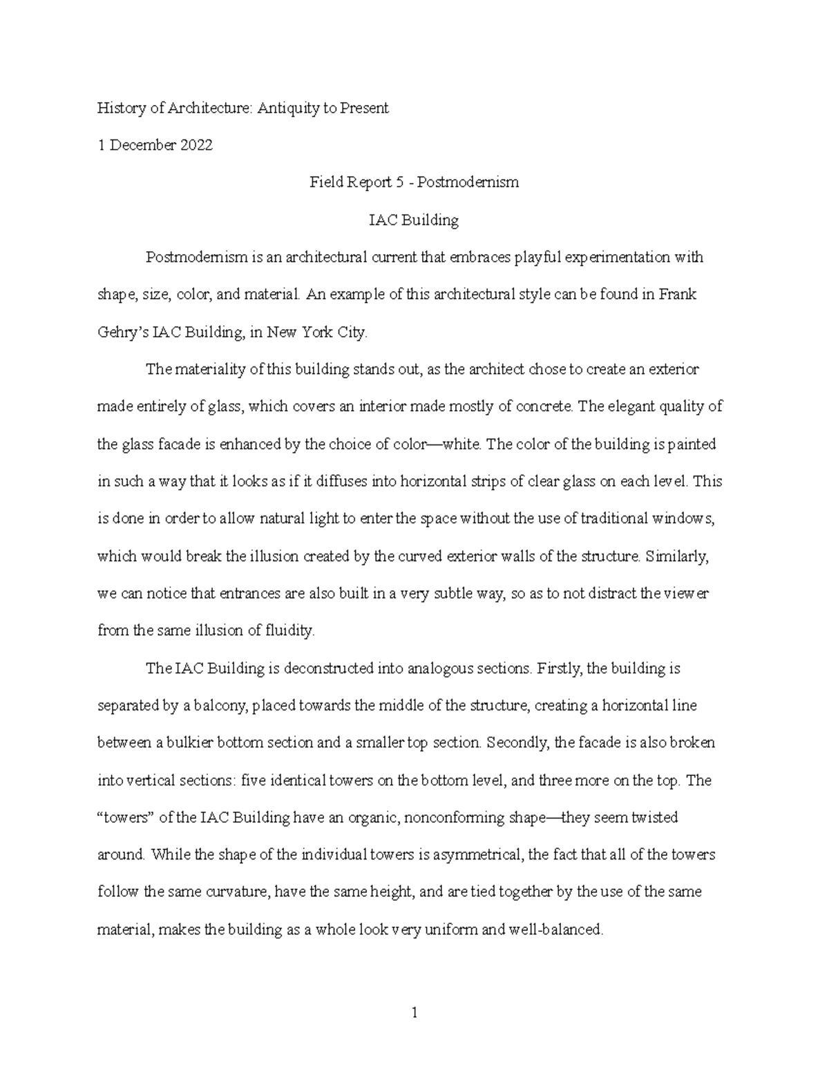 Field Report 5 . - History of Architecture: Antiquity to Present 1 ...