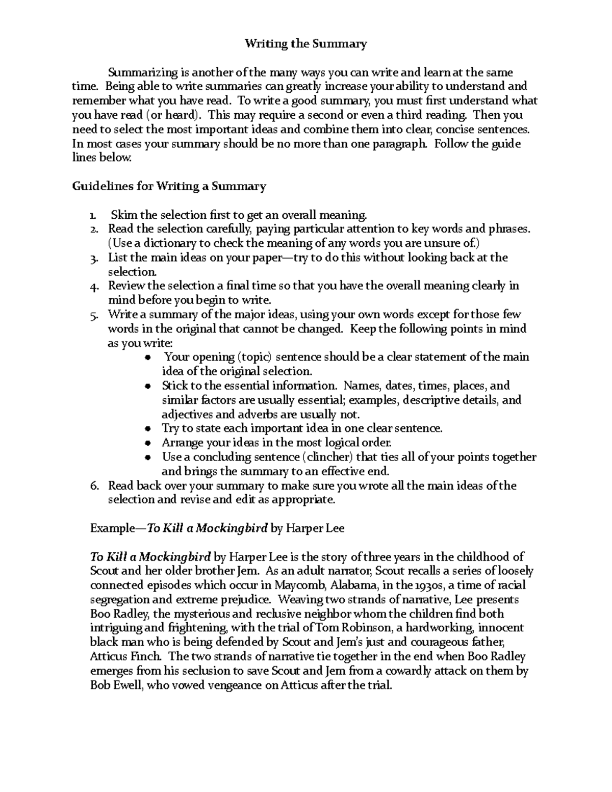 Writing a Summary - Writing the Summary Summarizing is another of the ...