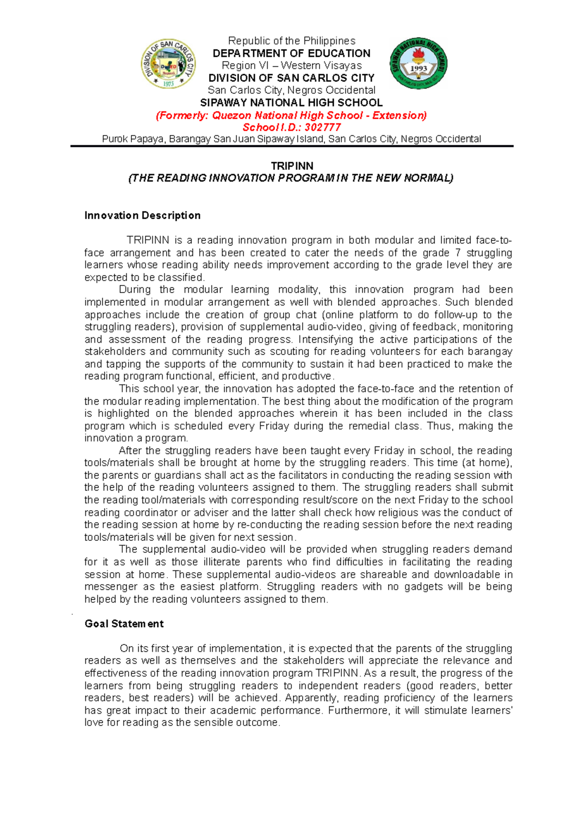 Innovation Description AND GOAL - Republic of the Philippines ...