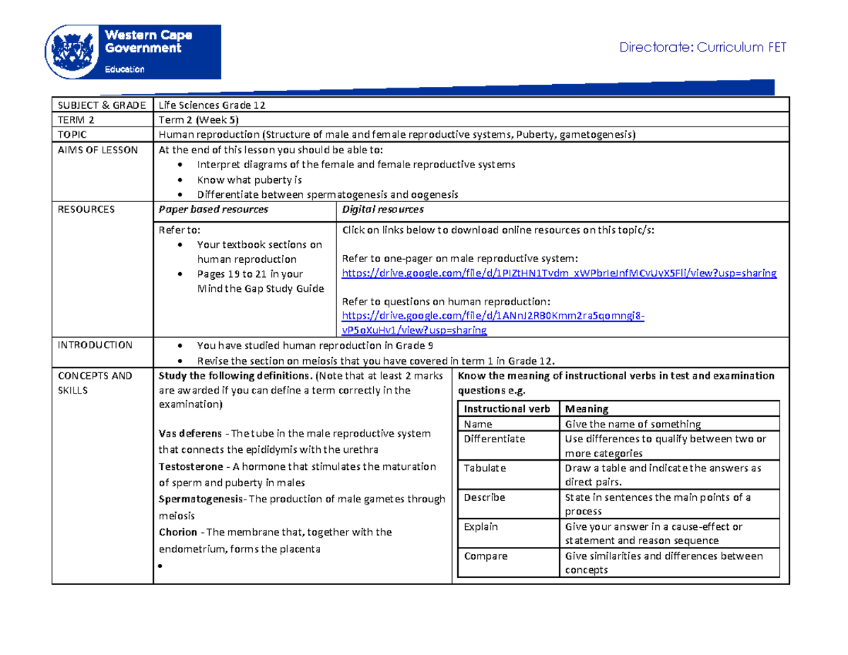 Life Sciences Grade 12 Term 2 Week 5 2020 - Directorate: Curriculum FET ...