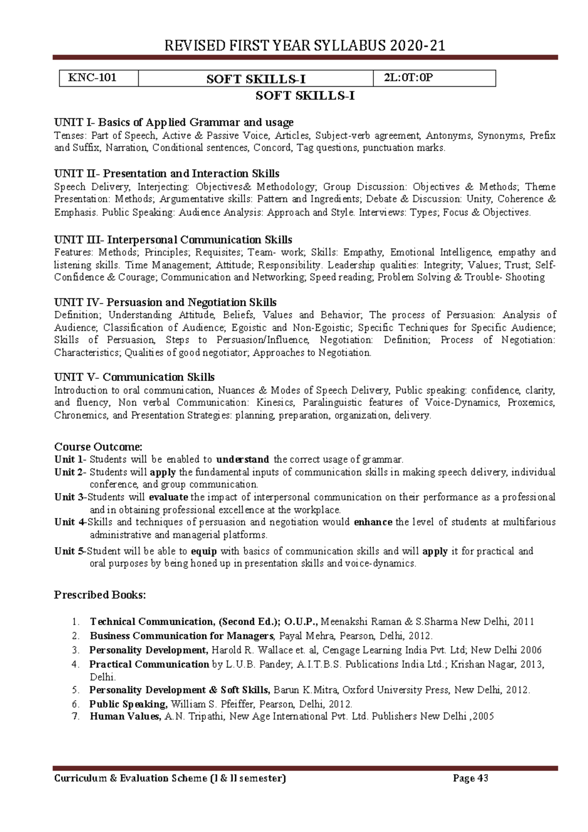 Soft Skills 1 KNC101 Syllabus - REVISED FIRST YEAR SYLLABUS 2020 ...