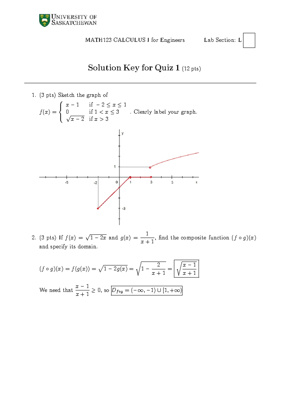 Exam September 2015, Questions And Answers - Quiz 1 - MATH123 CALCULUS I for Engineers Lab ...