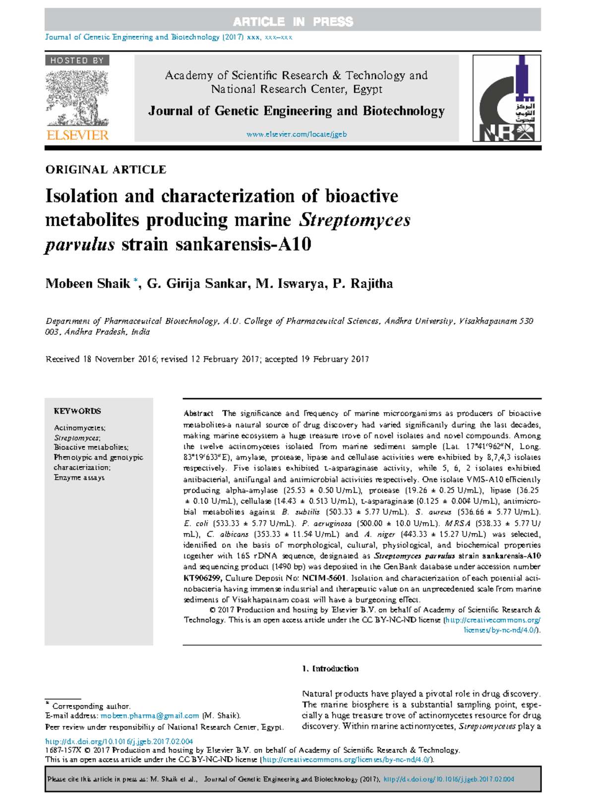 Shaik 2017 - MICROBIOLOGY - ORIGINAL ARTICLE Isolation and ...