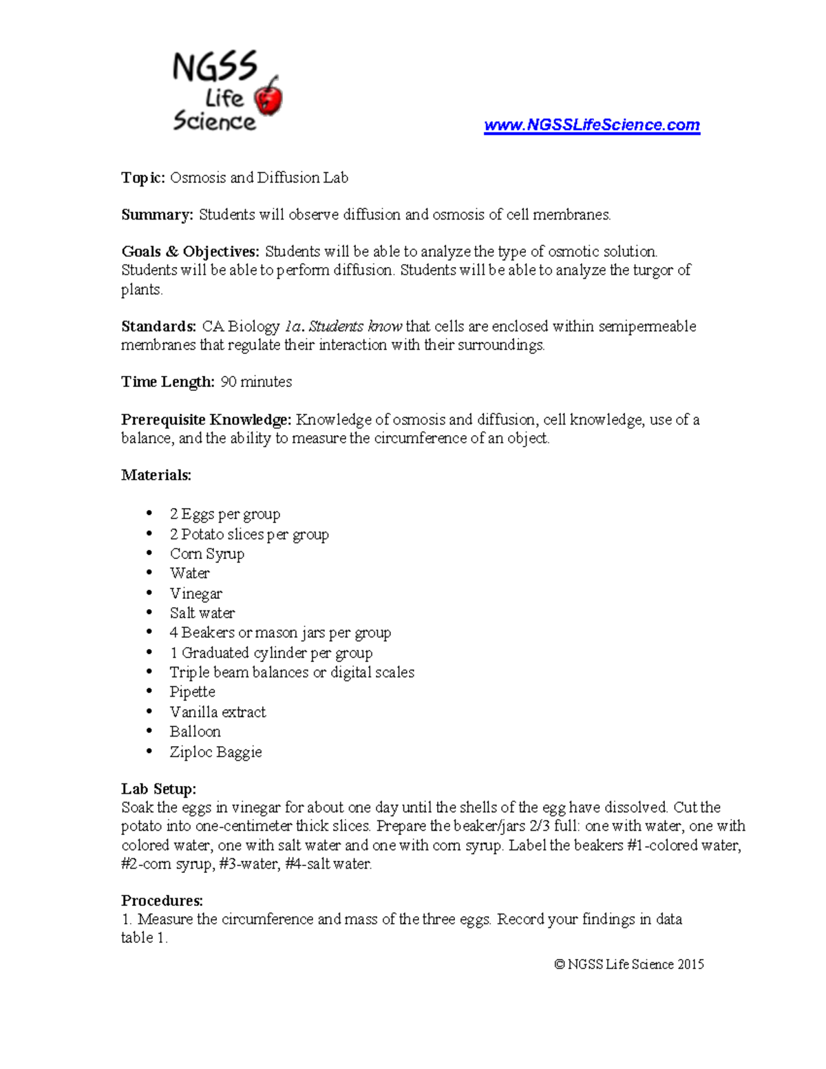 Osmosis lab - NGSSLifeScience Topic: Osmosis and Diffusion Lab Summary ...