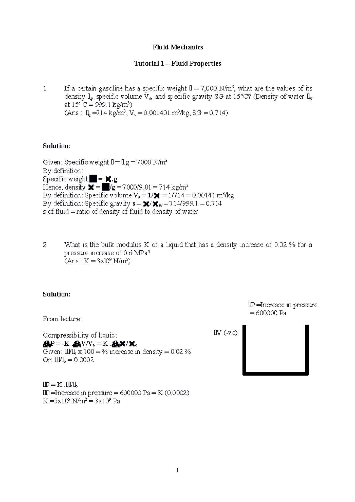 CV1012 Fluid Mechanics Tutorial 1 Solution - Fluid Mechanics Tutorial 1 – Fluid Properties If a ...