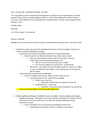 Cognitive Exam 1 Study Guide - Exam 1 Study Guide – Cognitive ...