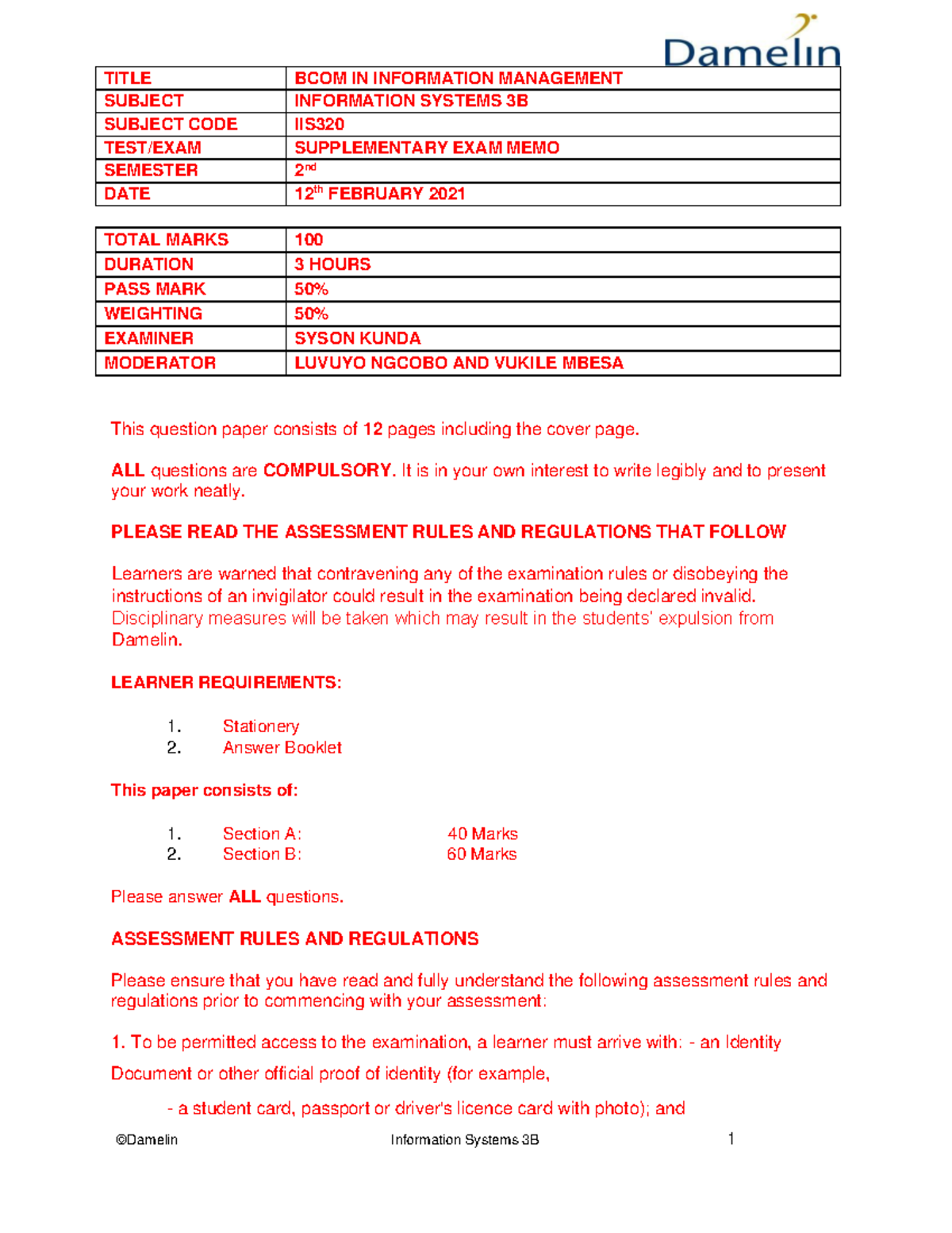 Information Systems 3B Supp Exam Memo - TITLE BCOM IN INFORMATION ...